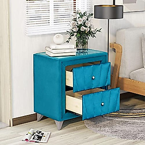 Wood Nightstand with 2 Drawers, Bedside Tables with Velvet Fabric & Glass Worktop, Bed Side Table & Night Stand End Table with Storage for Living Room, Bedroom, Beige, 25"L x 13.7"W x 28.3"H