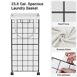 SHIISEWE Laundry Basket with Wheels, Large Metal Laundry Hamper with Lid and Removable Laundry Bag, Collapsible Tall Laundry Hamper, 90L Laundry Basket Organizer for Bedroom, Bathroom