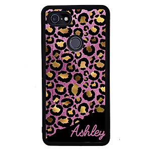 Leopard Skin Pink Gold Foil Personalized Black Rubber Phone Case Compatible With Google Pixel 8 Pro, 8a, 8, 7a, 7, Pixel 7 Pro, 6a, 6 Pro, 6, 5, 4a 5G, 4a 4G, 4, 4 XL, 3a, 3a XL, 3, 3 XL, 2 XL, 2