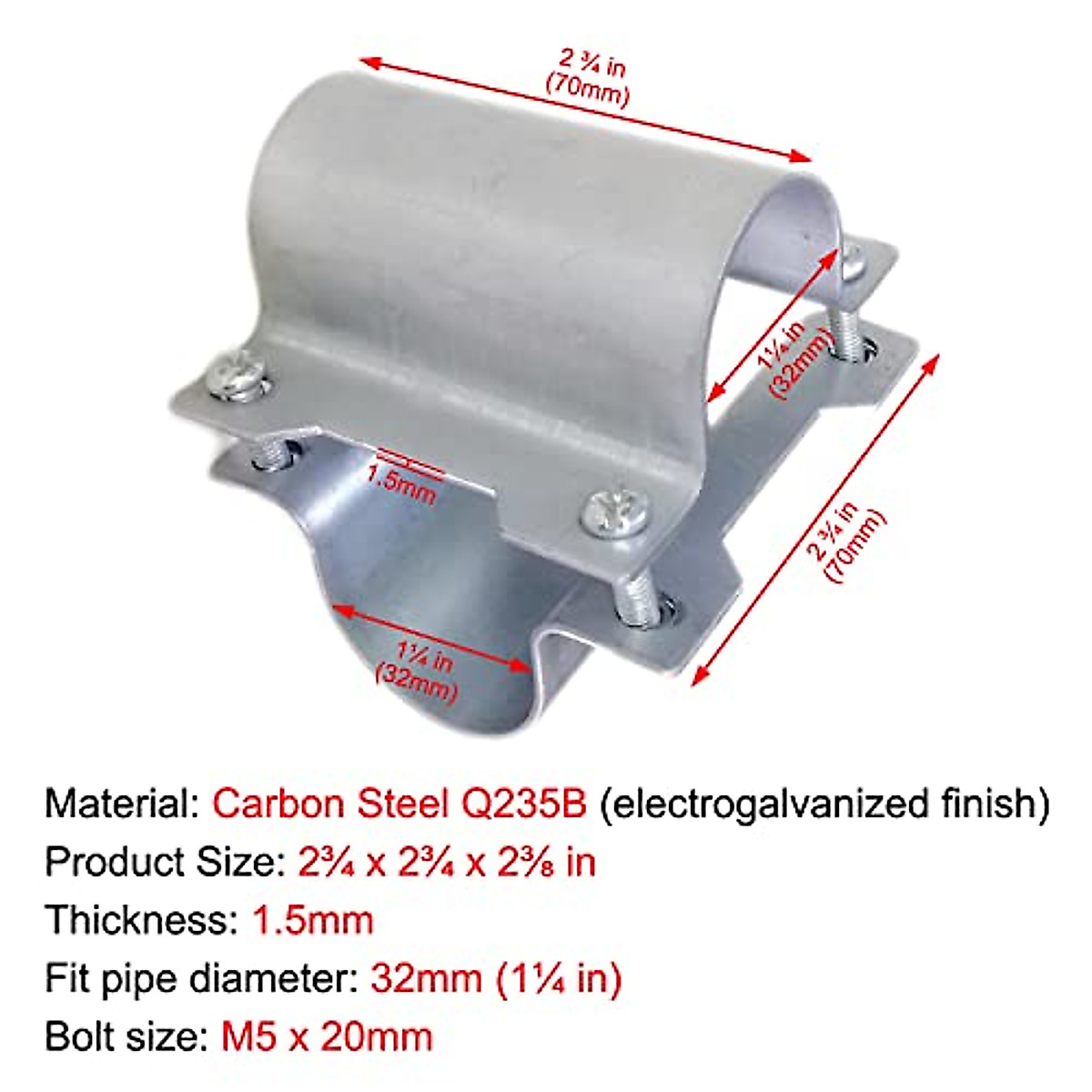 DSBGKJI 20 Pcs/10 Pairs Greenhouse Cross Grid Pipe Connector Clamps Purlin Bracket Fit 1-3/8 inch OD Tube, Galvanized Steel Pipe Fitting Clip w/ Bolts Nuts for Farm, Rail Fence