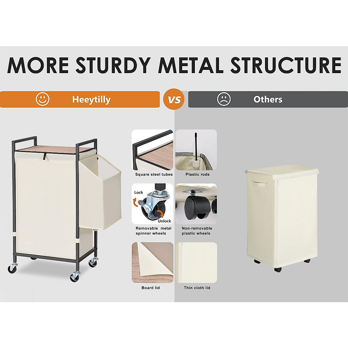 Laundry Hamper with Rustic Brown Lid & Wheels; 96L Large Rolling Laundry Basket with Removable Oxford Liner Bag; Tall Freestanding Dirty Clothes Hamper with Side Pocket; Metal Frame Laundry Cart