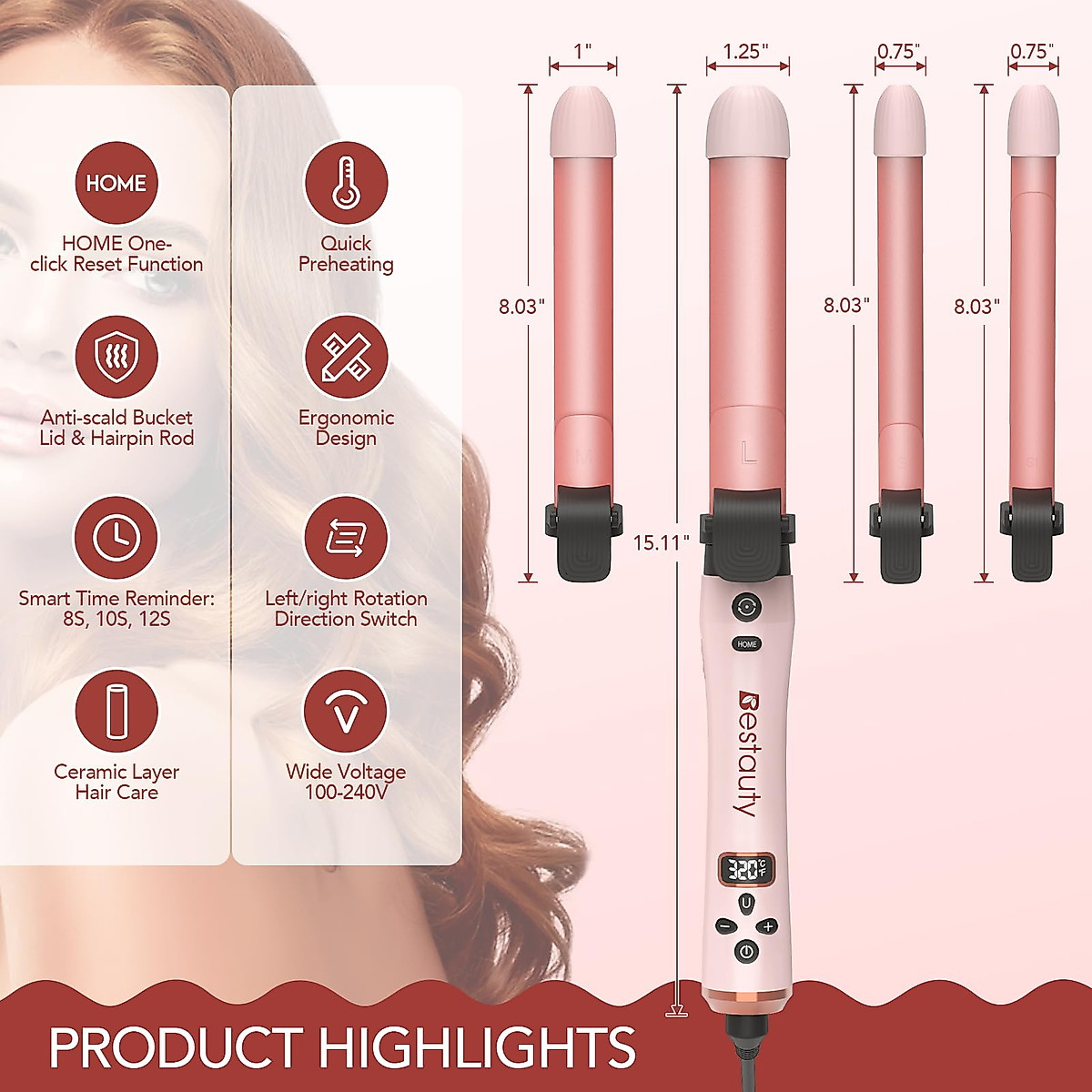 Bestauty Automatic Curling Iron, 0.75(2 PCS)/1/1.25" Interchangeable Ceramic Coating Heating Iron Barrels, Quick Heating Hair Curler 360° Rotating for Waver Curl, 4 Adjustable Temperature 320°F-430°F