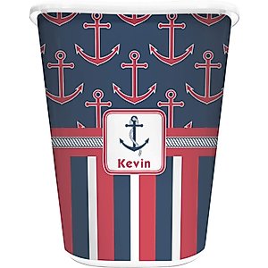 RNK Shops Personalized Nautical Anchors & Stripes Waste Basket - Single Sided (White)