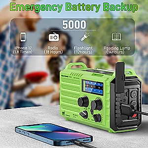 Emergency Weather Radio with NOAA/AM/FM, Solar Hand Crank Radio with 5000mAh Rechargeable Battery, Survival Portable Radio with LED Flashlight,Battery Operated, SOS Alarm for Home or Emergency(Green)