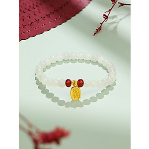 ZHOU LIU FU 24K Solid Gold Bracelets, Real Pure Gold Jewelry White Nephrite Jade Beaded Bracelets Dainty Gold Fortune Plate for Women Men Teen Girls