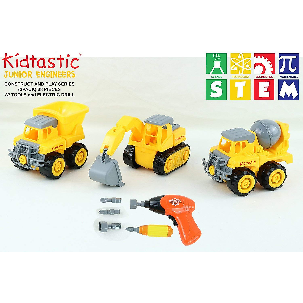 Kidtastic 3 Pack Construction Vehicles Trucks Toys Set, Take Apart STEM Learning Toy with Excavator, Dump Truck, Bulldozer, Tools and Drill Fun Educational Toy for Toddler, Girls and Boys