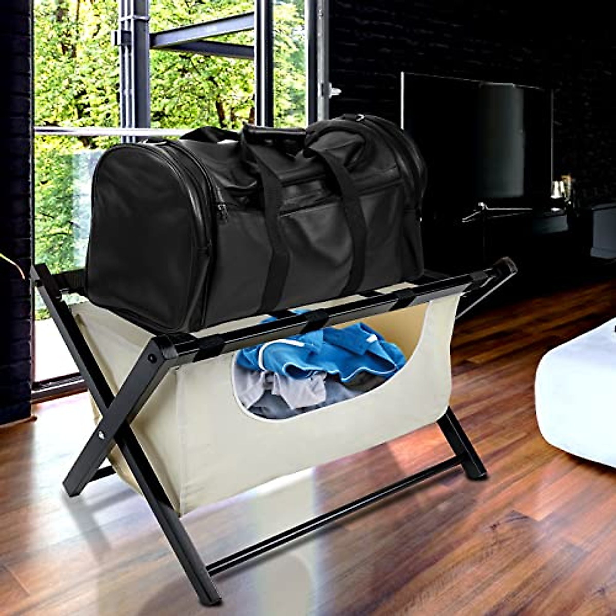 Luggage Rack 2 Pack, with Detachable Laundry Bag, Premium Texture Solid Wood Luggage Rack for Guest Room, Nylon with Foldable Suitcase Rack for Max 200LBS Load, Dirty Clothes Storage, Suitable for Hotel Rooms
