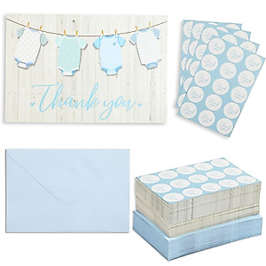 Pipilo Press 60 Pack Boy Baby Shower Thank You Cards with Blue Envelopes, Cute Stickers, Blank Inside (6 x 4 In)