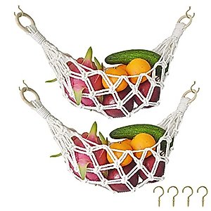 2 Sets of Macrame Hanging Fruit Hammock Under Cabinet with Hooks (All Handwoven) for Banana, Produce, Vegetables or Fruit Storage - 3 colors (Ivory)