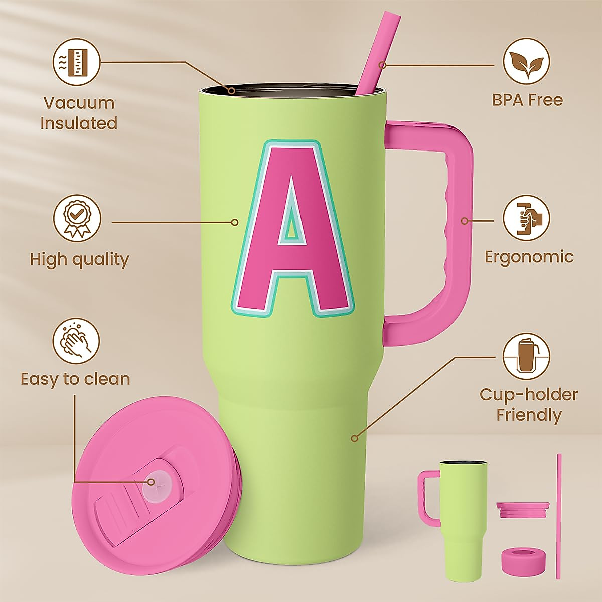 SANDJEST Monogrammed Tumbler with Handle 40oz, Letter A Tumblers Coffee Travel Cup with Straw, Personalized Monogram Initial Gifts for Women Girls, Customized Gifts for Christmas Birthday Mothers Day