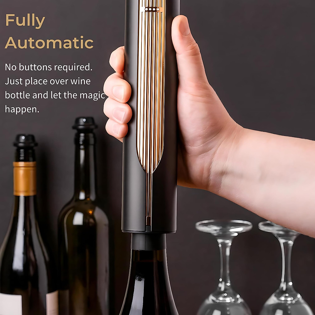 OPENERO Electric Wine Opener — Luxurious Automatic Wine Corkscrew Electric with Charging Base and Steel Foil Cutter, Wine Gifts For Women Men (Gold)