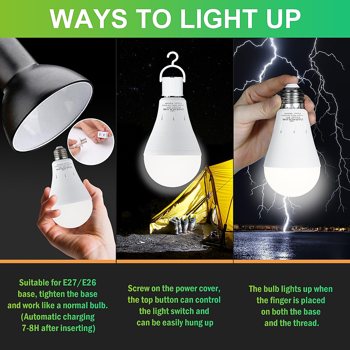 DABAOLUM 6 Pack Rechargeable Emergency Light Bulbs, Battery Powered LED Light Bulb 6000K Daylight E26 120 Volt 9W 60W Equivalent with 1200mAh for Home Power Outage Camping Hurricane