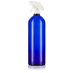 JUVITUS 32 oz Cobalt Blue Boston Round Plastic Bottles with White Heavy Duty Industrial Trigger Sprayer (4 Pack)