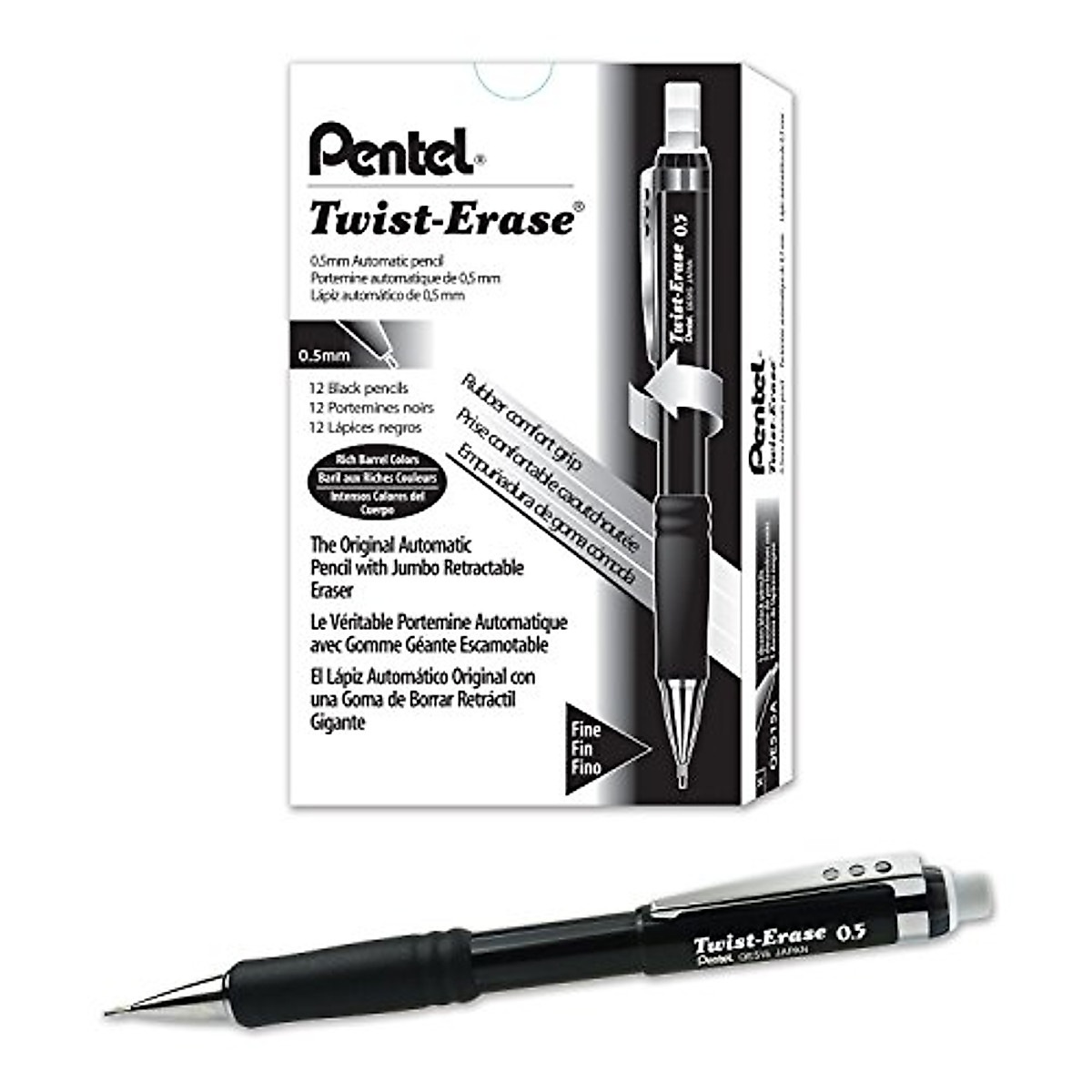 Pentel Twist-Erase III Mechanical Pencil ,0.5mm , Black Barrel, 12 Pack (QE515A)