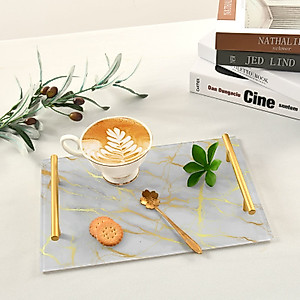Vanity Tray White Marble with Golden Decorative Tray Bathroom Acrylic Jewelry Perfume Trays with Handle Makeup Dresser Cosmetic Bedroom Kitchen, 12x8 in