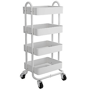 MIOCASA 4-Tier Metal Utility Rolling Cart, Heavy Duty Multifunction Cart with Lockable Casters, Easy to Assemble, Suitable for Office, Bathroom, Kitchen, Garden (White)