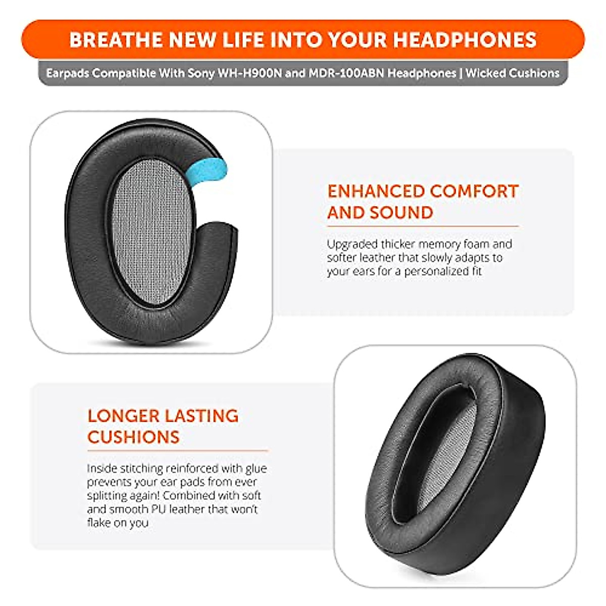 WC Thick Earpads for Sony Wh-900N and MDR-100ABN Headphones by Wicked Cushions - Soft PU Leather Cushions, Luxurious Noise Isolating Memory Foam, Added Thickness | Black