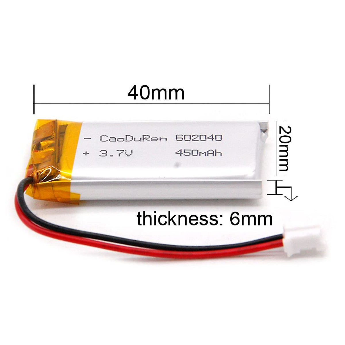 MSDS Verified Part Number: 602040, Rechargeable 3.7V 450mAh Li Lipo Lithium Polymer Ion Battery Pack with 2 Pin 2.0mm JST Connector