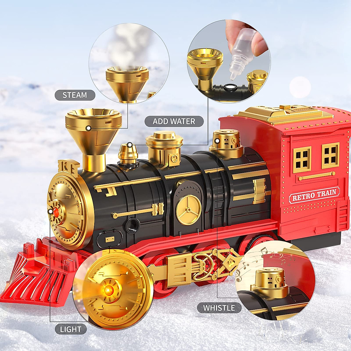 TEMI Train Set for Kids Toddlers 3-5, Train with Steam Engine, Cargo Car and Long Track, Rechargeable Battery Play Red Train Toys with Smoke, Light & Sounds, Gift for Boys & Girls 4-7 Years