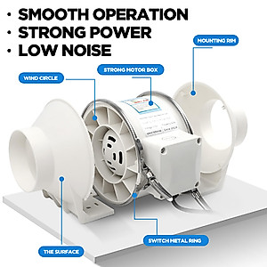 Voltset 4 Inch Duct Fan, Inline Ventilation Exhaust Fan, 280 CFM Duct Intake Fan High Efficiency Air Fan for Duct Vent Bathroom, Kitchen, Grow Tent, Hydroponics, 3D Printer