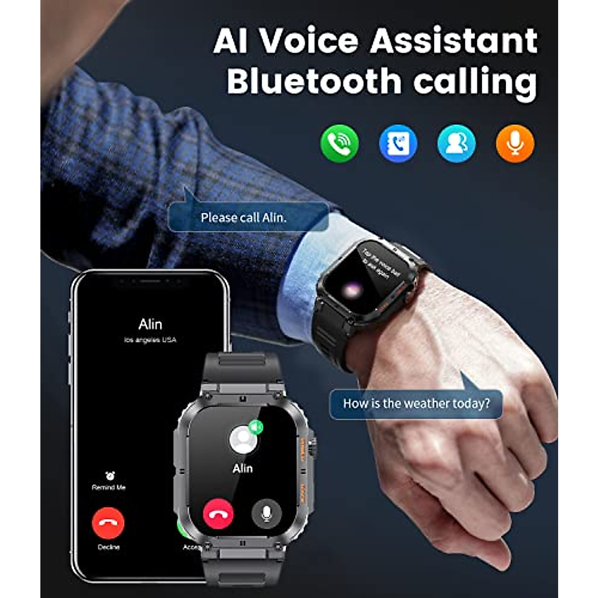 Smart Watch for Men Bluetooth Make Calls with 1.96in Big Screen 400mAh Long-Lasting Battery Message Reminder Voice Assistant IP68 Waterproof Rugged Sports Tracker Android iOS Stylish Men's Smartwatch
