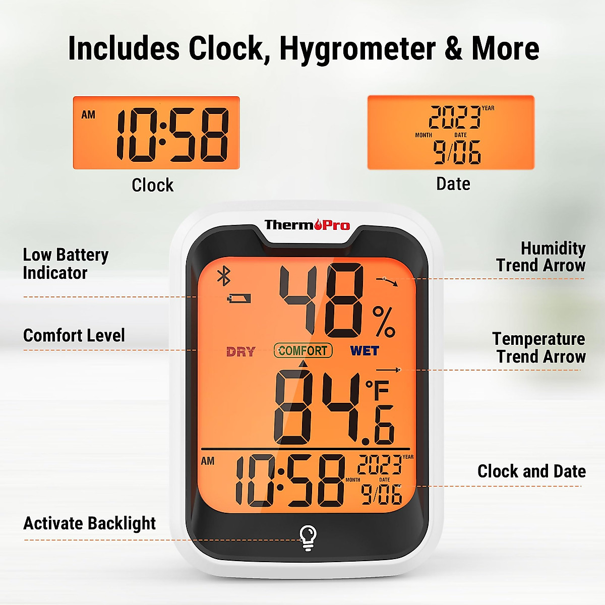 ThermoPro TP358 Bluetooth Thermometer for Room Temperature with Built-in Clock, Smart Temperature Sensor and Humidity Meter with Backlit, 260Ft Hygrometer Indoor Thermometer with Data Storage Export