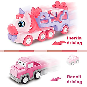 seveclotree Toys for 1 2 3 Year Old Girl, 5-in-1 Unicorn Toys Carrier Truck Toy Cars with Light & Sound,Girl Toddler Toys Age 2-4,1 2 3 Year Old Girl Birthday Gifts Kids Toys for Girls…