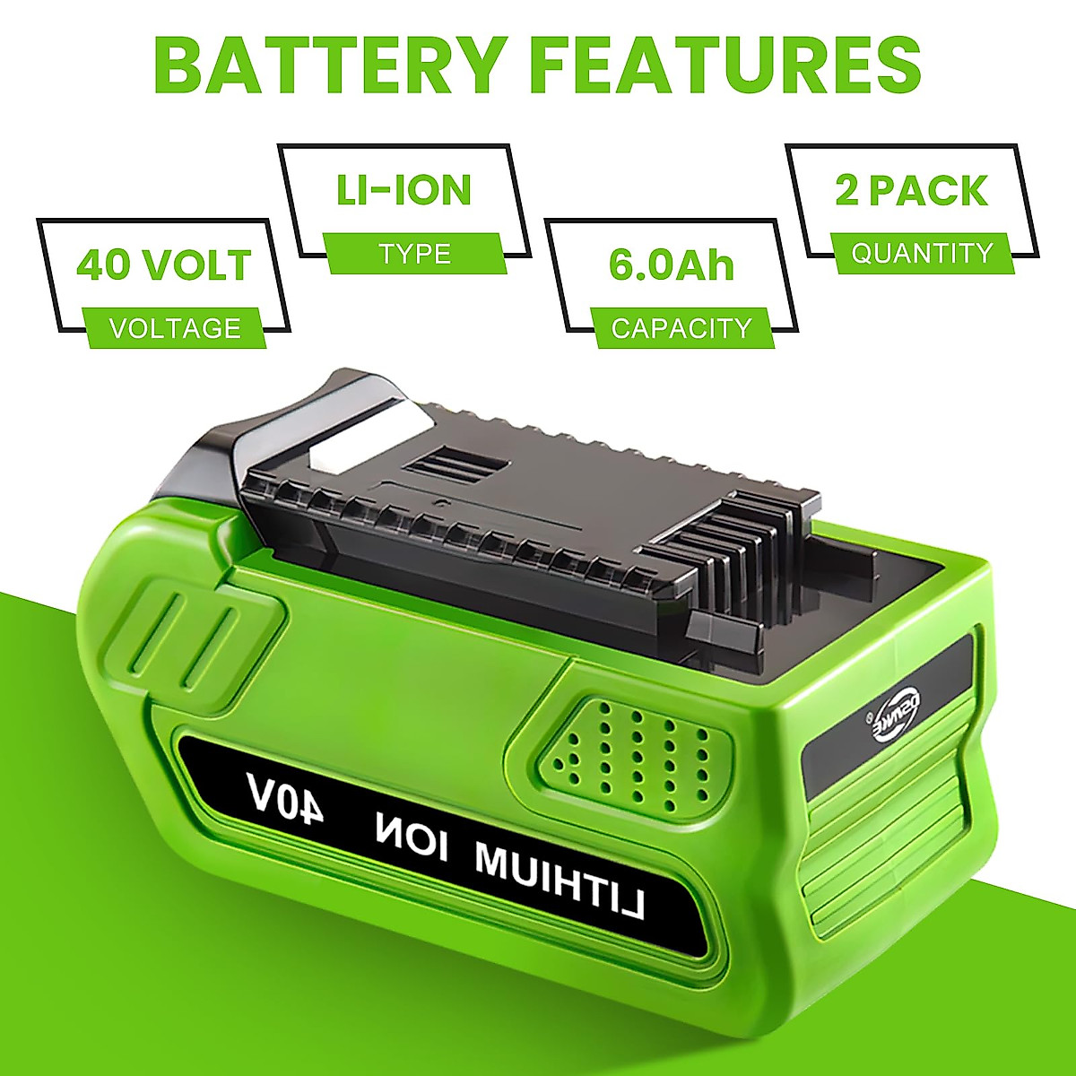 2 Pack 6.0Ah Lithium ion 40 Volt 29472 29462 Battery Replacement for Greenworks 40V Battery Compatible with Greenworks 29252 20202 22262 25312 25322 20642 22272 27062 21242 Cordless Power Tools(Green)