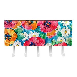 Hand Drawn Retro Colorful Flowers Background Mail Holder Organizer and Key Hooks PU Front, Self Adhesive Key Rack with 5 Hooks Perfect for Entryway, Hallway，Bathroom ，Kitchen