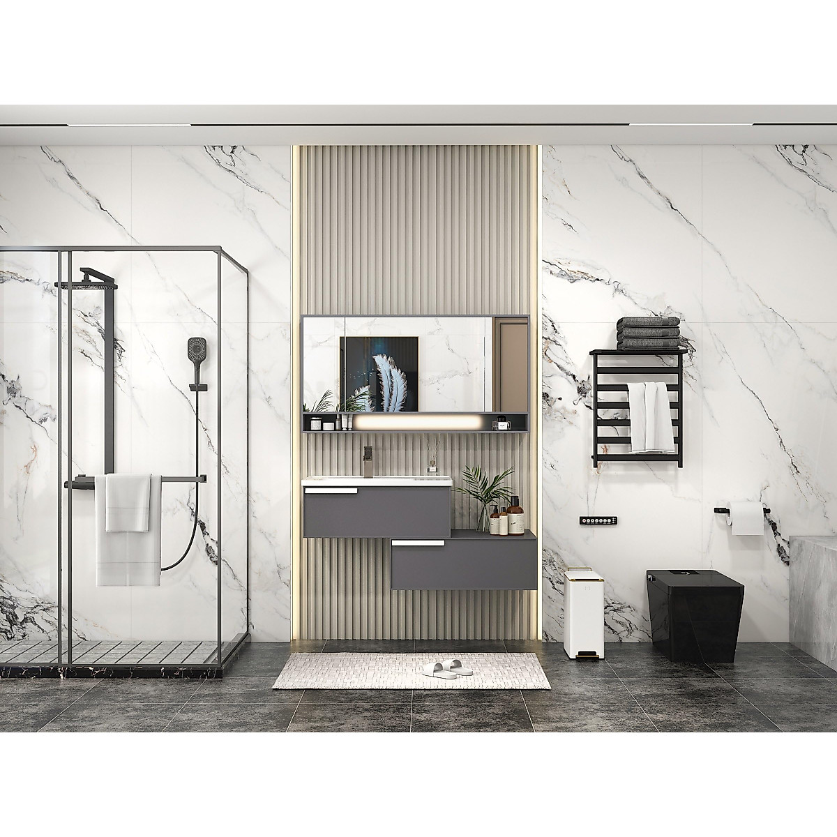 KunMai Smart Toilet with Bidet Built in,Auto Open/Close,Heated Seat, Automatic Flush Bidet Toilet,Night Light, One-Piece Black Toilet for Bathroom