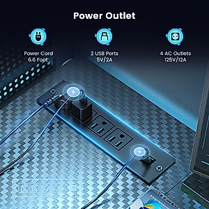 DOMICON Gaming Desk, 47 inch L Shaped Gaming Desk, Computer Desk with LED Lights & Adjustable Stand, Power Outlets, Storage Drawer, Reversible Gaming Desk with Shelves, Hook, Black Carbon Fiber