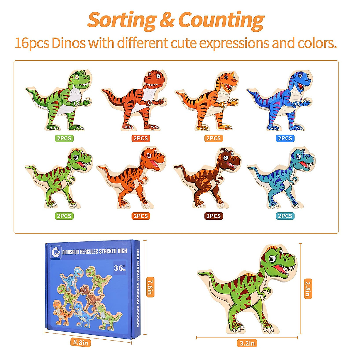 ACOUCB Wooden Dinosaur Stacking Toys for Kids 3-7, 16pcs Large Sensory Montessori Toys, Balance Competition Game Building Toys, Easter Basket Stuffers, Birthday Gift for Boys Girls