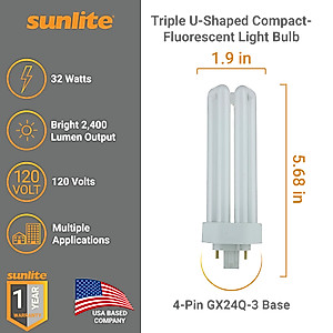 Sunlite CFL Plug-in PLT 4-Pin Triple Tube Light, 32 Watts, 4-Pin GX24q3 Base, 2400 Lumens, 3500K Neutral White, 10 Pack