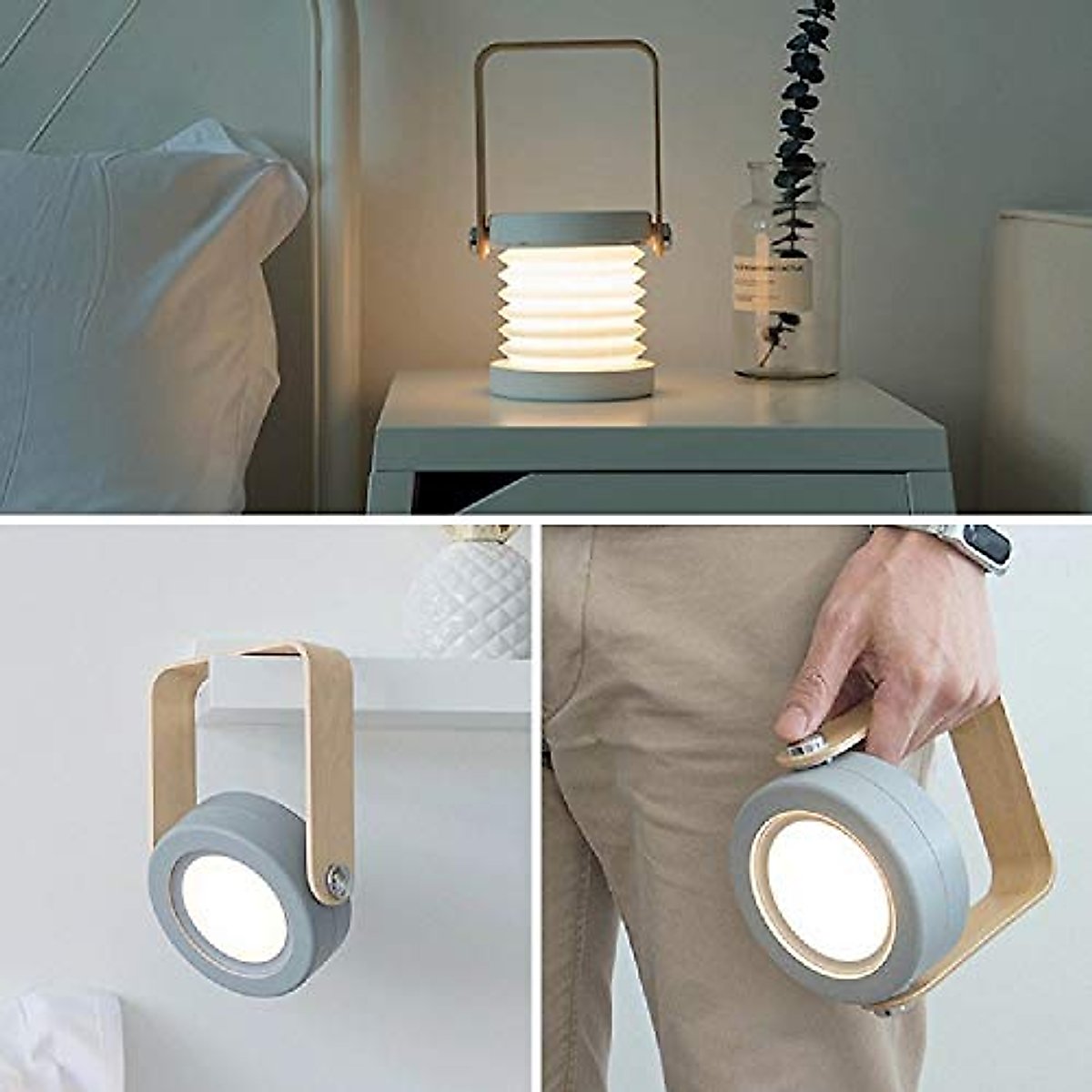4-in-1 Foldable Table Lamp,USB Retractable LED Light,Wooden Handle Portable Lantern Light and Flashlight,Touch Control Dimmable 3 Level Brightness Night Light for Reading, Outdoor Camping (Grey)