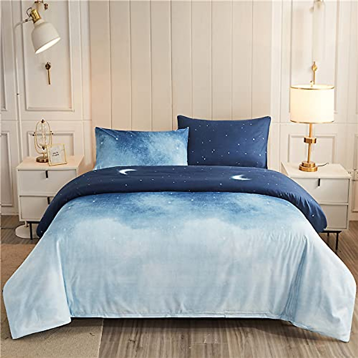 BLUENIGHT Lightweight Hotel Luxury Duvet Cover 3 Piece Set -Gradual Change Blue Starry Sky Whit Moon Ultra Soft Premium Microfiber Breathable Comforter Cover, Corner Ties Full/Queen (90x90 inches)