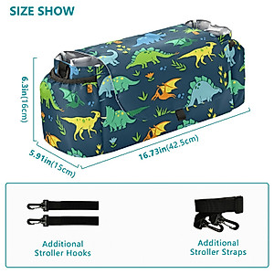 MCHIVER Dinosaur Baby Stroller Organizer with Adjustable Straps Non-slip Stroller Caddy with Cup Holders Large Capacity Stroller Bag for Toy Snacks Phone Baby Essentials