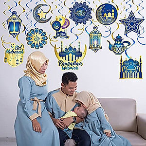 30 Pieces Ramadan Mubarak Decorations, Eid Mubarak Hanging Swirl Shining Gold Star Moon Lantern Ceiling Foil Decor for Eid Al-fitr Party Egyptian Holiday Decorations Supplies (Blue and Gold)