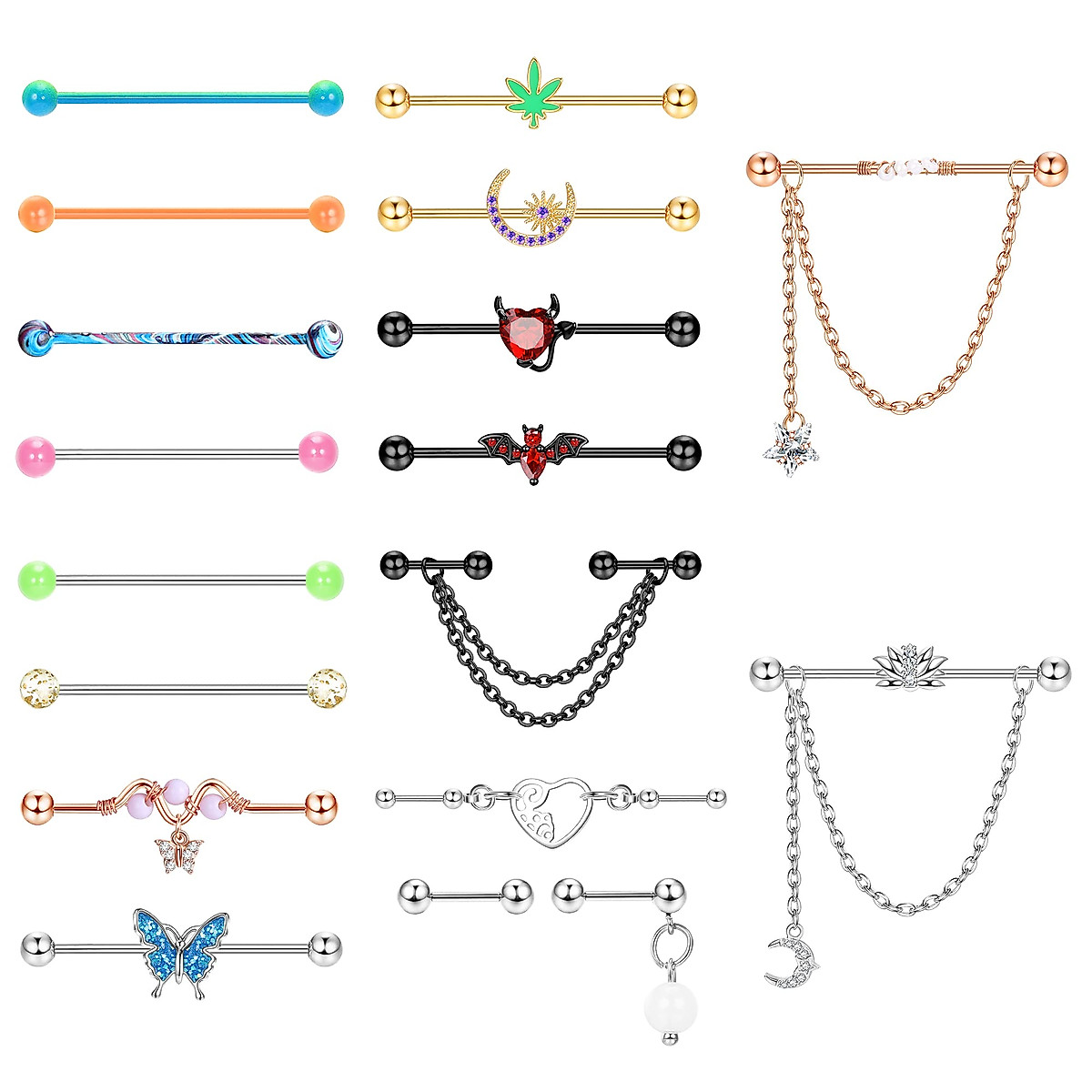 Sanfenly Industrial Piercing Jewelry 14G Stainless Steel Industrial Barbell Earrings with Chain Dangle Industrial Bar Piercing Cartilage Helix Industrial Earrings for Women Men