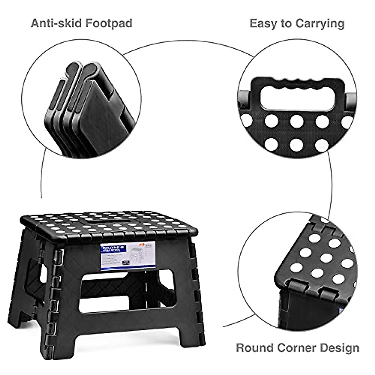 Delxo 9 Inch Folding Step Stool in Black,1 Pack Premium Heavy Duty Foldable Stool for Kids,Portable Collapsible Plastic Step Stool,Non Slip Folding Stools for Kitchen Bathroom Bedroom