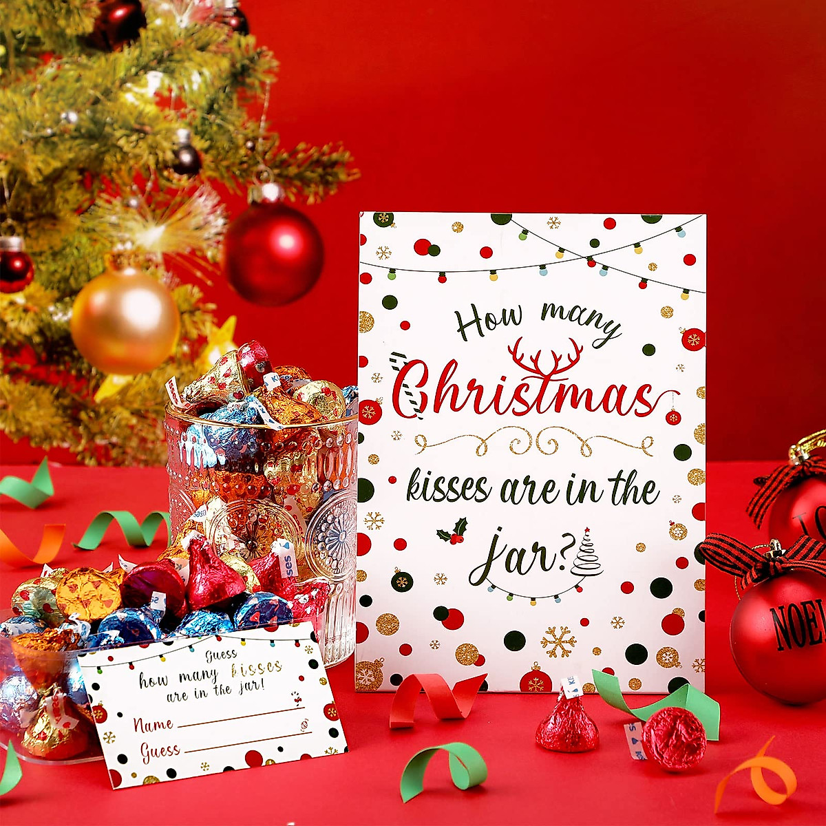 Christmas Party Game How Many Kisses Bridal Shower Game Wedding Shower Decorations Including 1 Standing Sign and 50 Guess How Many Cards for Christmas Party Bridal Shower Wedding Festive Holiday
