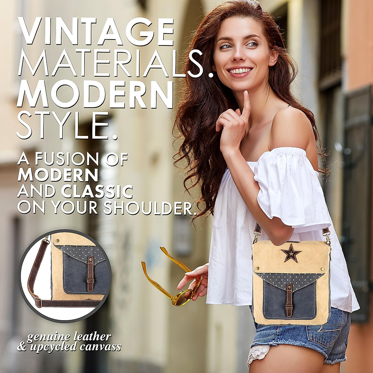 SIXTEASE Womens Shoulder Bag Vintage Style Shoulder Bags for Women - Made with Genuine Leather, Upcycled Canvas, or Hair On - Handmade, Adjustable Strap, Brass and Zinc Hardware - Carina