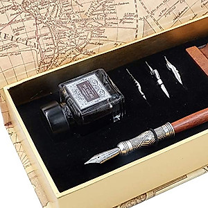 GC Antique Wooden Stem Pen Handcrafted Calligraphy Pen Set Dip Nib Pens-Writing Case With Black Ink Pen Wooden Holder Cartridges LL-182