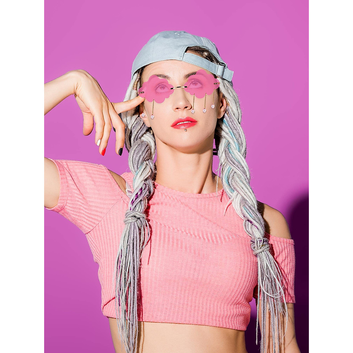 Weewooday 4 Pairs Cloud Sunglasses Raindrop Rimless Cute Sunglasses Funny Heart Flame Shaped Disco Glasses for Women Men (Light Blue, Pink, Gradient Pink, Blue Pink,Bead Style)