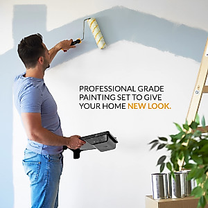 Raulde Paint Roller Kit of 10 Pcs - Includes a Paint Tray, Brush, Large and Mini Rollers & Sleeves, Paint Repellent Masking Tape, Paint Mixer - Roller Set for Painting Walls