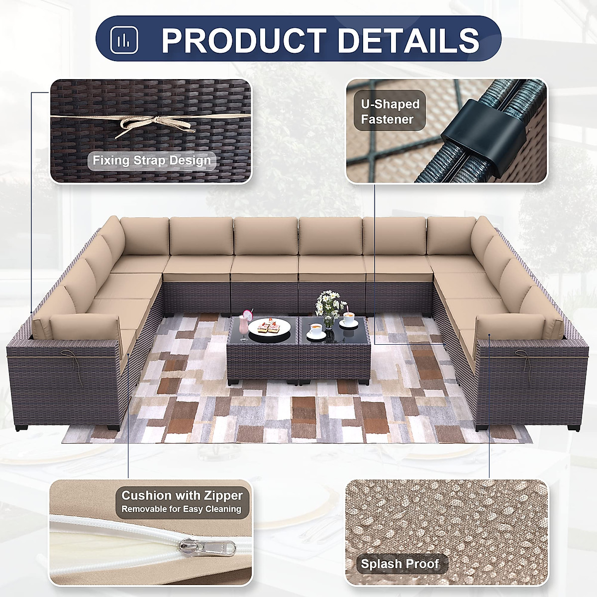 Delnavik Patio Furniture Set 14-Pieces Outdoor Furniture for Backyard Wicker Sectional Sofa Set, Rattan Patio Conversation Set with Thickened Cushions and Glass Coffee Table, Sand