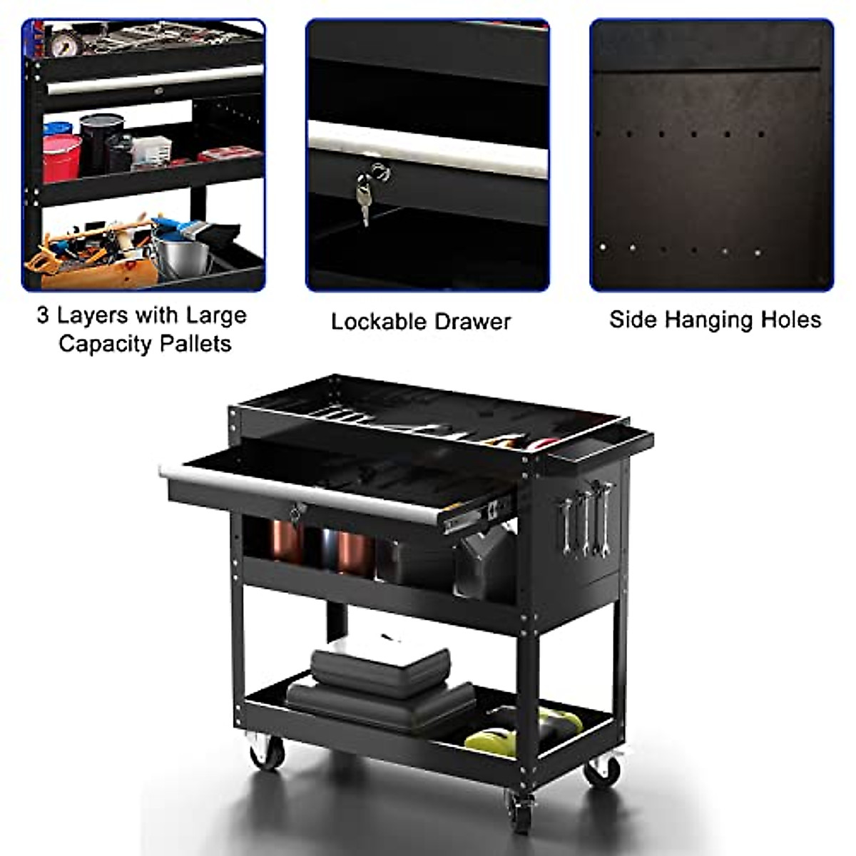 3-Tier Tool Cart Rolling Mechanic Service Cart on Wheels with Drawer, 330lbs Capacity Utility Cart, Big Rolling Tool Storage Cart and Tool Organizer for Garage Warehouse Workshop and Room (Black)