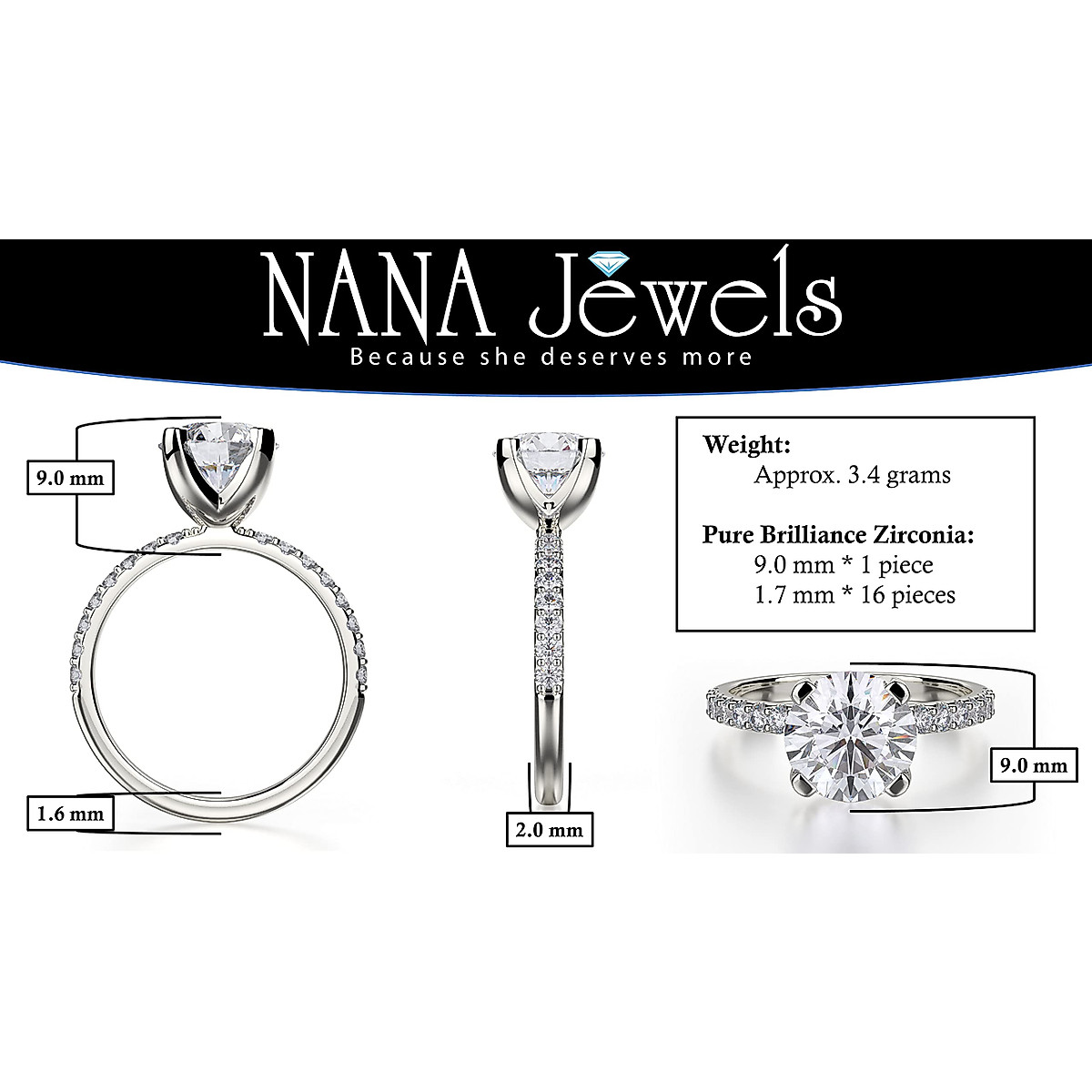 NANA Jewels 3.00ct Pure Brilliance Zirconia Engagement Ring Wedding Set Round Brilliant Cut Solitaire in Silver Size 7