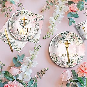 Suhelkit God Bless Baptism Decorations Tableware Girl - First Communion Decorations Supplies, Plate, Cup, Napkin, Fork, Baptism Plates And Napkins Set For Christening Baby Shower Religious | Serve 24