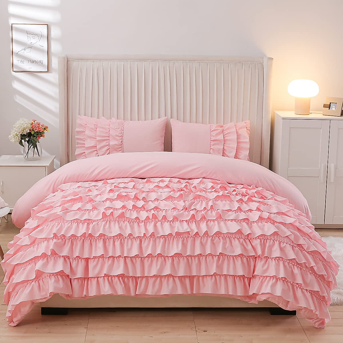 Holawakaka Pink Waterfall Ruffle Comforter Set Twin Size Multi-Layers Ruffled Shabby Chic 3PCS Bedding Set for Girls Women