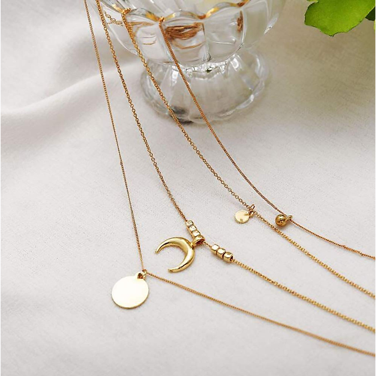 Chargances Bohemia Women Necklace Disc and Moon Necklace Coin Pendant Necklace Delicate Choker Chain Multi layer Necklaces for Women Gold Moon Crescent Disc Jewelry for Women and Girls